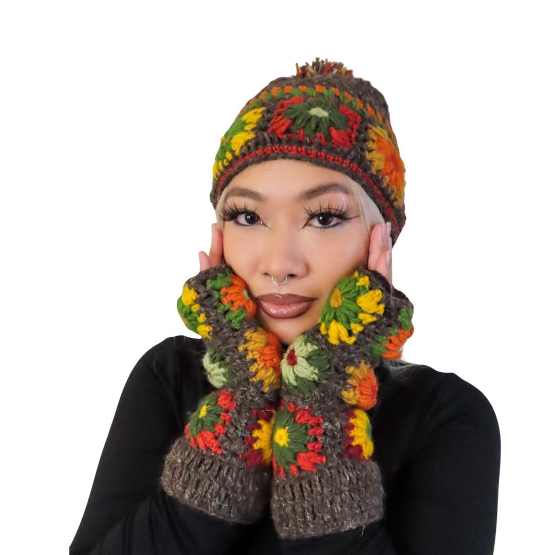 Crochet Flower Fingerless Mittens: Handmade Merino Wool Gloves-brown - Etsy