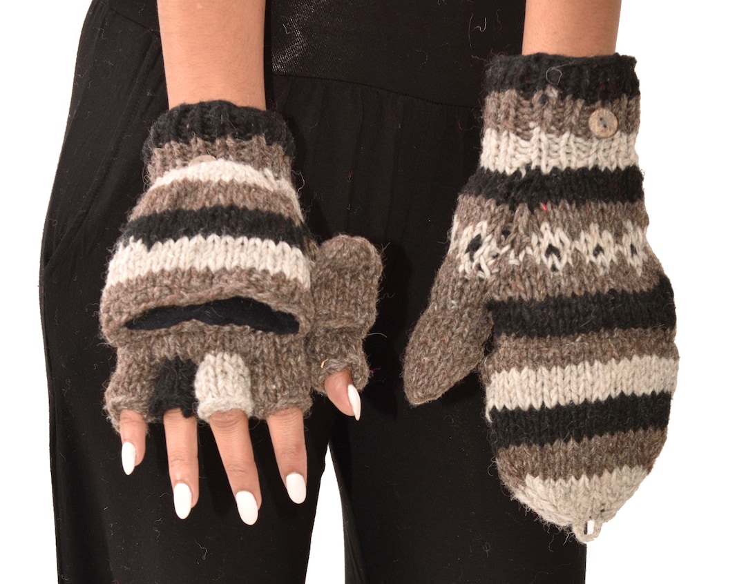 Hand Knitted 100% Merino Wool Flip Top Snowboard Finger Less Ski Polar ...