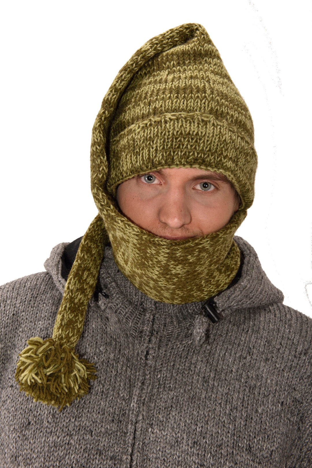 Hand Made 100% Merino Wool Long Tail Stocking Hat Scarves Combo Hooded ...