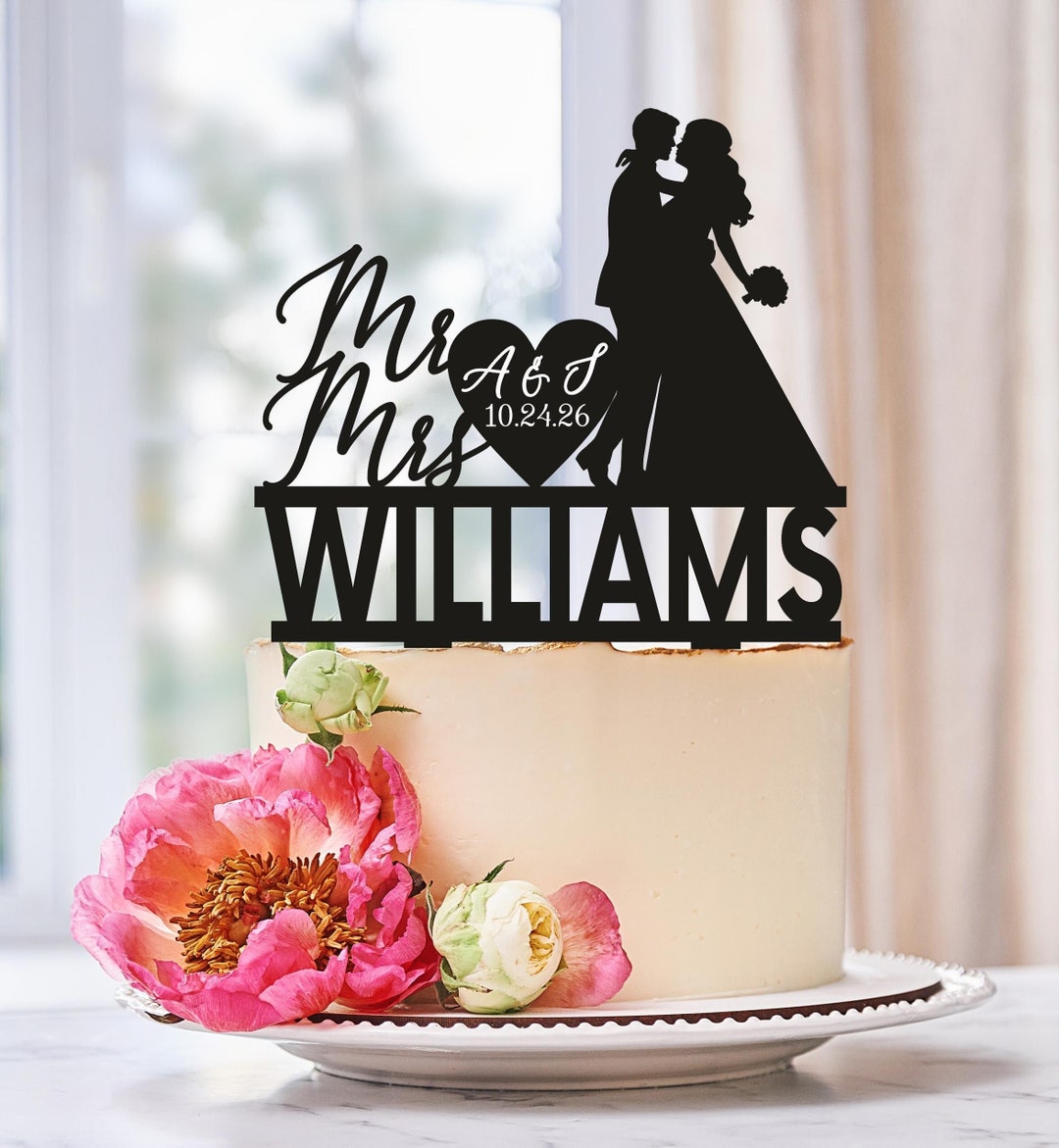 Wedding Cake Topper Silhouette Couple With Initials and Date, Wedding ...