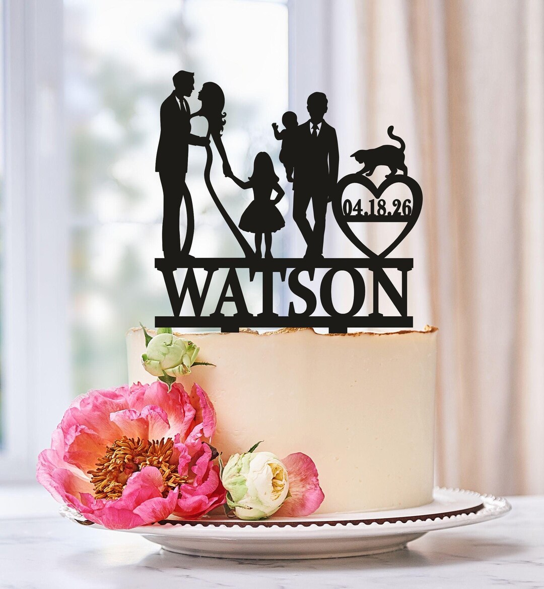 Family Wedding Cake Topper With Kids and Cat, Couple Cake Topper With ...