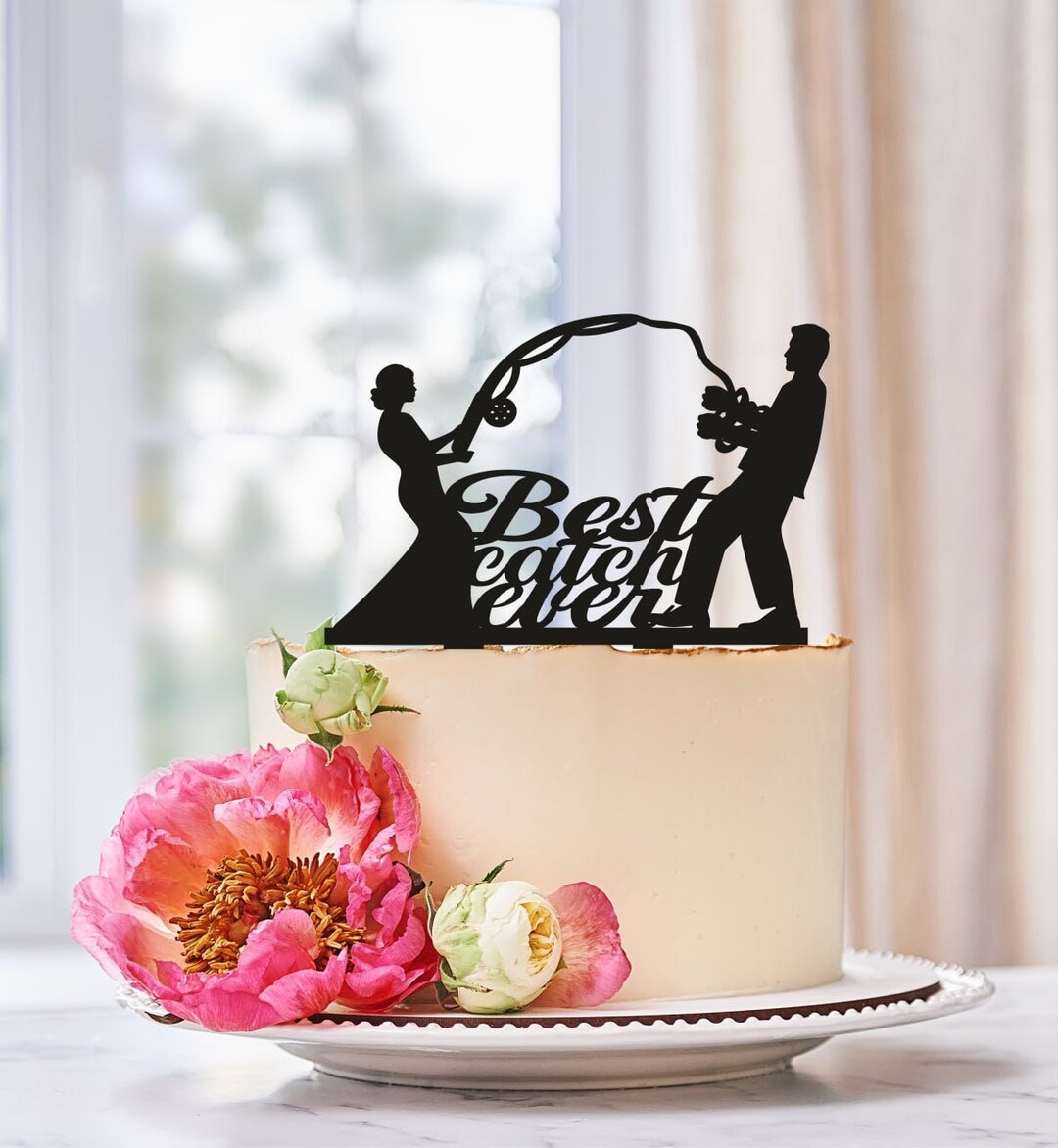 Best Catch Ever Cake Topper, Groom Pulling Bride Wedding Cake Topper ...