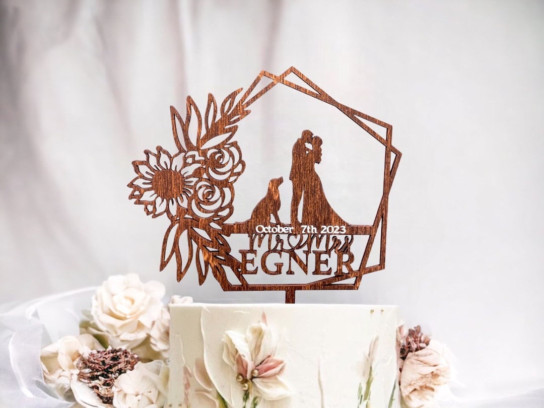 Wreath Wood Cake Topper With Cat, Wedding Cake Topper, Cake Topper With ...