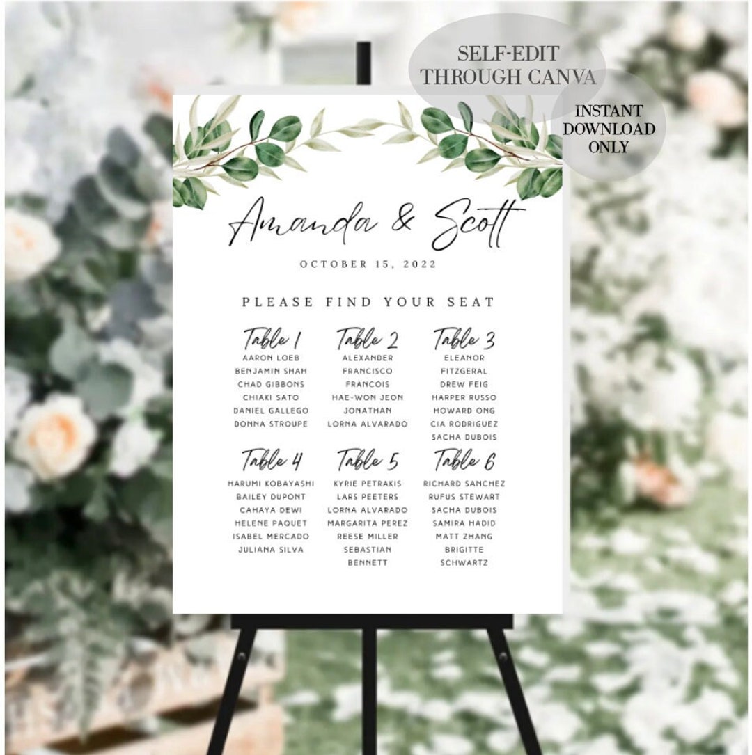 100% Fully Editable Wedding Seating Chart Template, Printable Seating ...