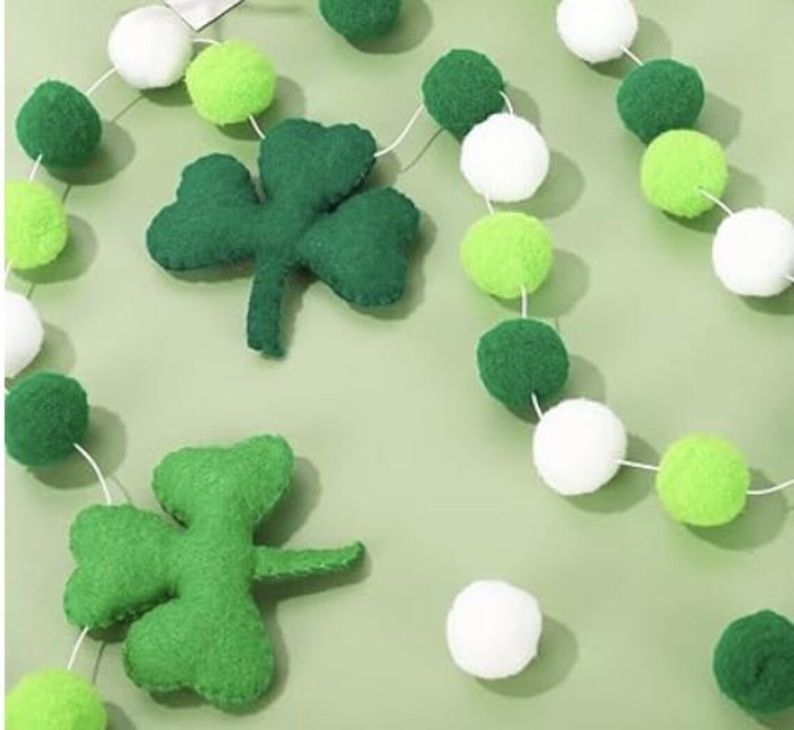 Leprechaun Home Decor- 1" Felt Balls, 2" Shamrocks- Green White- Spring ...