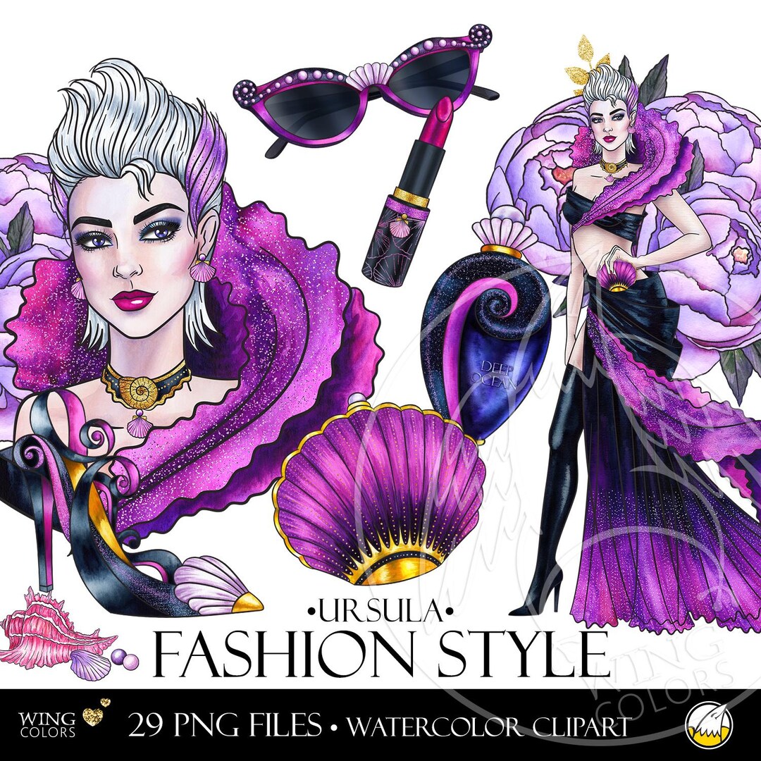 Ursula Fashion Style Watercolor Clipart: Hand-drawn Villain Queen ...