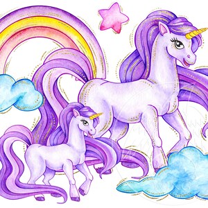 Watercolor Unicorn Clipart. Cute Fairy Horses, Rainbow, Heart, Star ...