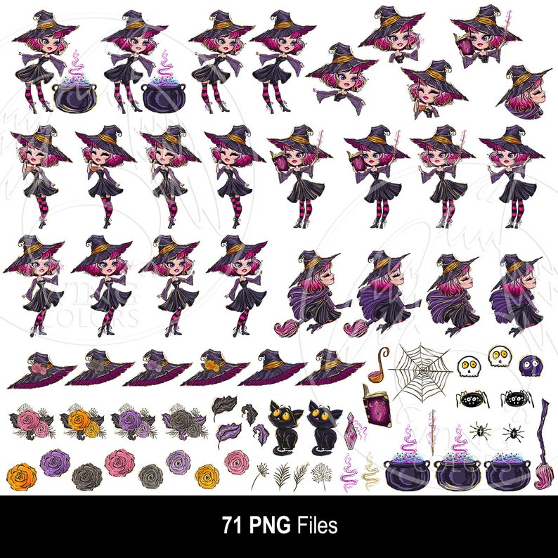 Cute Little Witch Halloween Clip Art Set: Witchy Vibes & Autumn Blooms ...