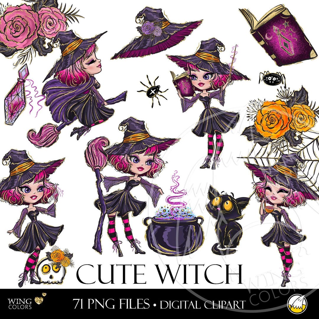 Cute Little Witch Halloween Clip Art Set: Witchy Vibes & Autumn Blooms ...