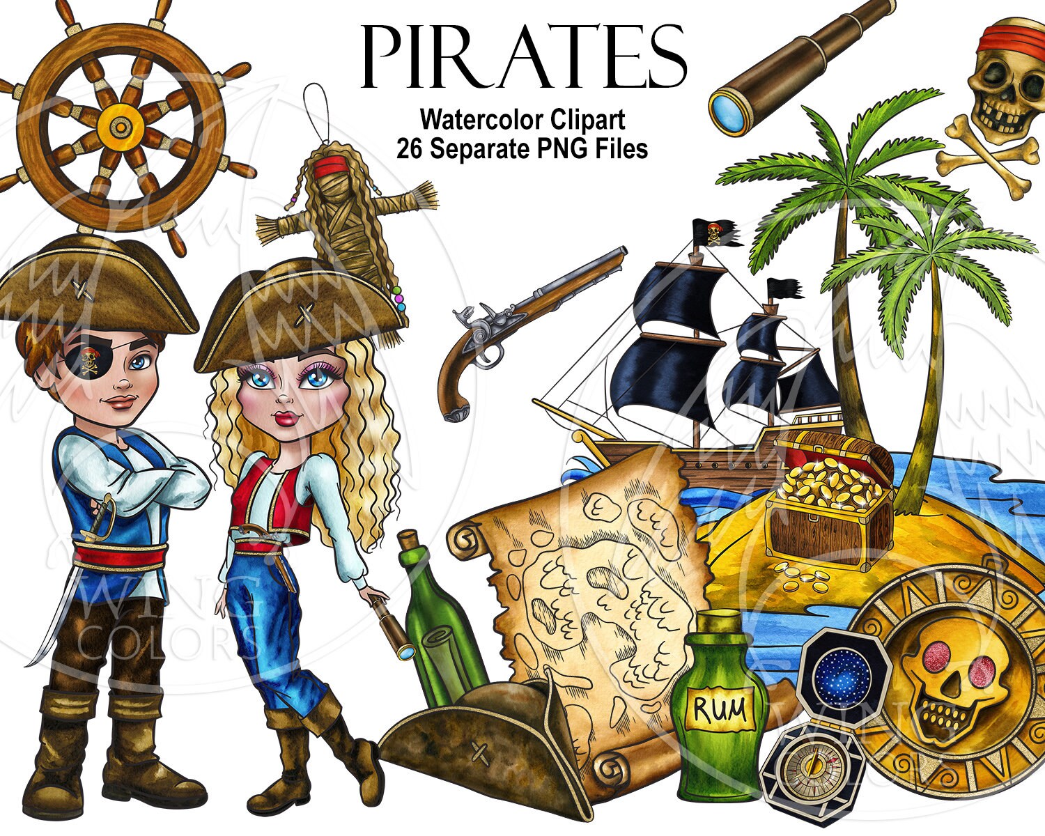 Watercolor Pirates Clipart. Pirate Adventure Travel Ocean - Etsy