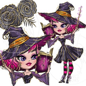 Cute Little Witch Halloween Clip Art Set: Witchy Vibes & Autumn Blooms ...
