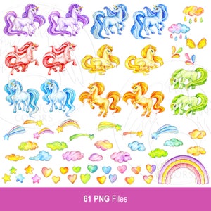 Watercolor Unicorn Clipart. Cute Fairy Horses, Rainbow, Heart, Star ...