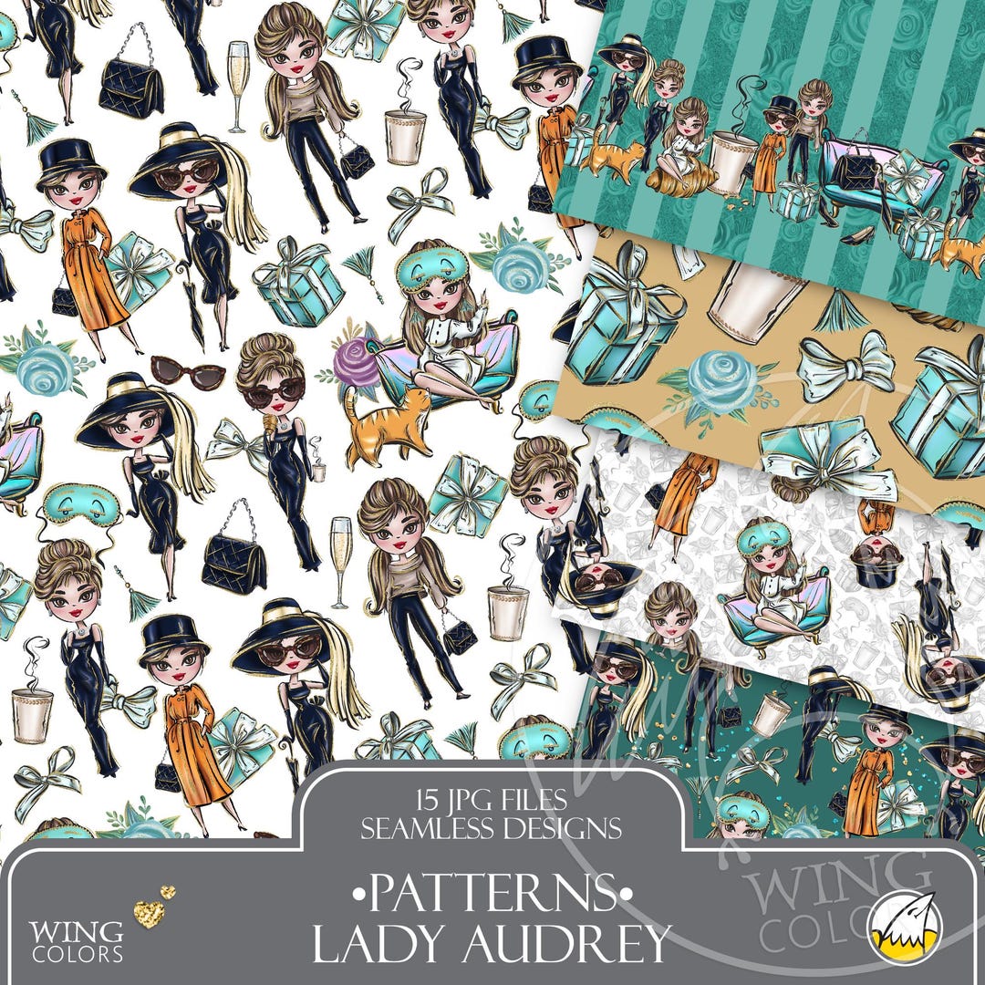 Lady Audrey Seamless Patterns: Retro Fashion Girl, Teal & Black Digital ...