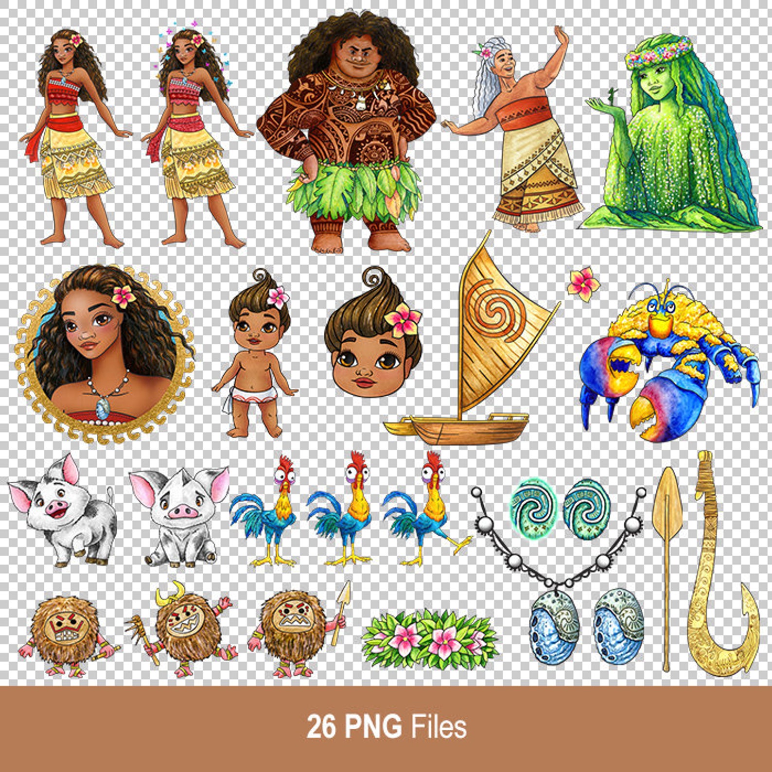 Watercolor Moana Clipart. Maui Tafiti's Heart Kakamora | Etsy