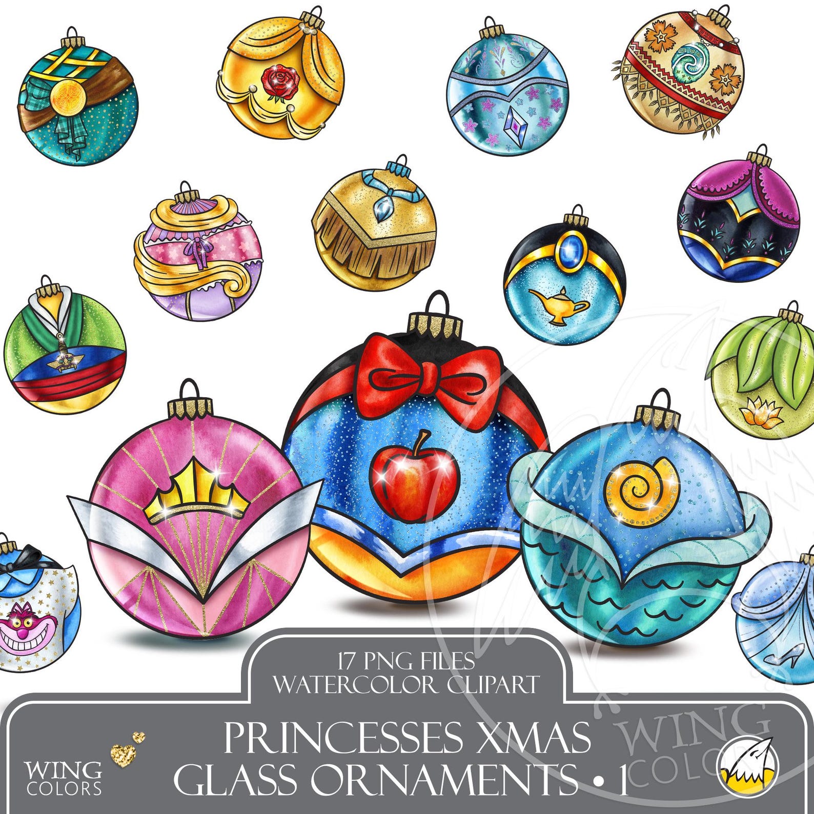 Watercolor Princess Christmas Ornaments Hand Drawn Clip Art (digital ...