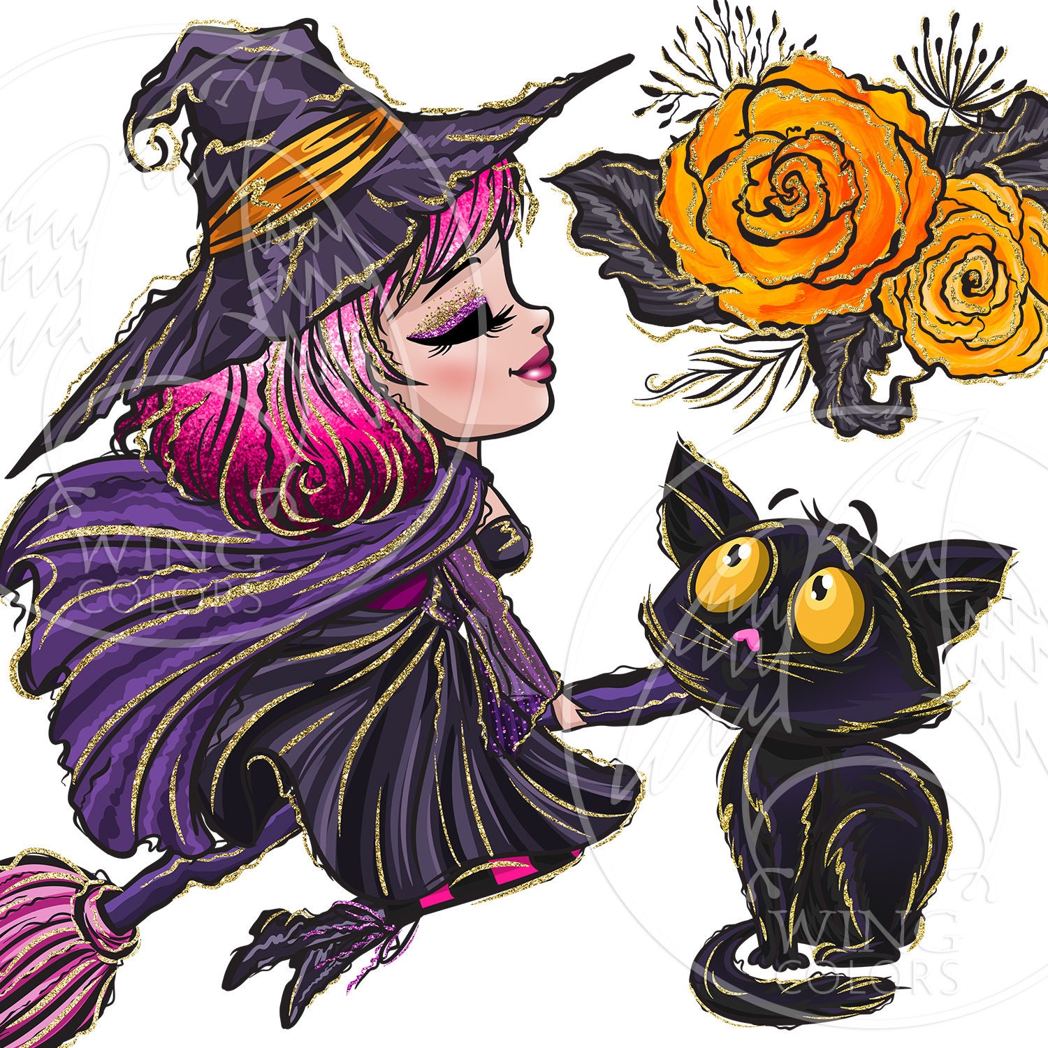 Cute Little Witch Halloween Clip Art Set: Witchy Vibes & Autumn Blooms ...