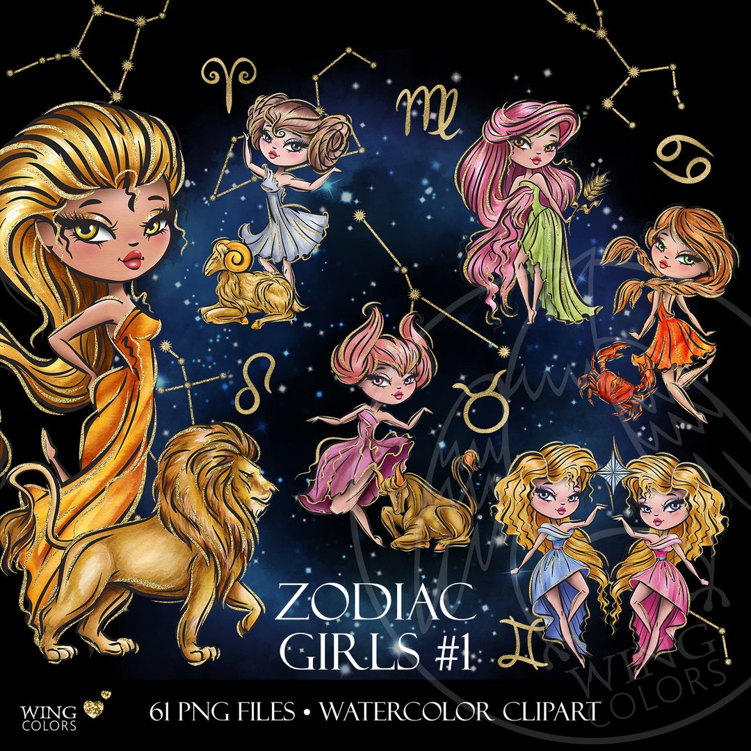 Zodiac Sign Girls Watercolor Whimsical Clip Art Set. Astrology ...