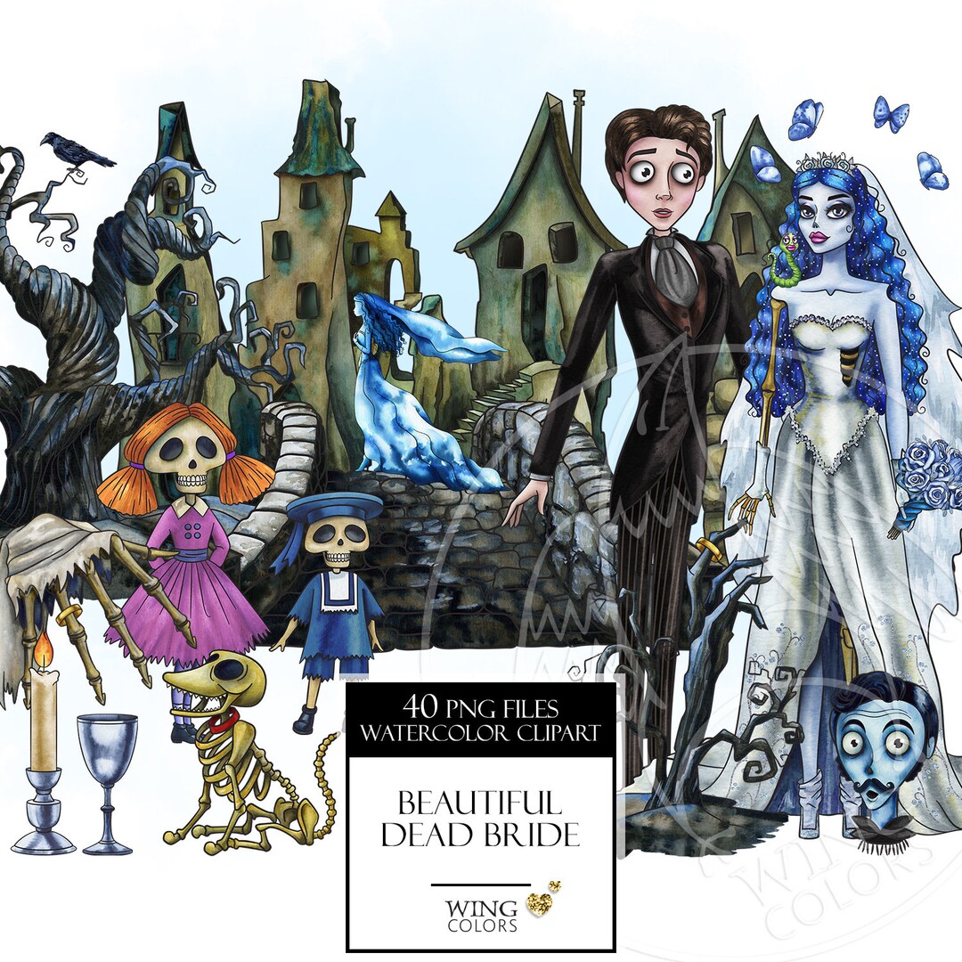 Beautiful Dead Bride Watercolor Clipart. Gothic Wedding Party ...