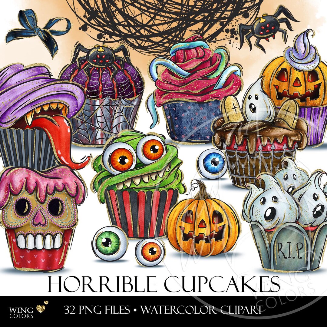 Watercolor Cupcakes Clip Art for Halloween. Funny Horror Clipart for ...