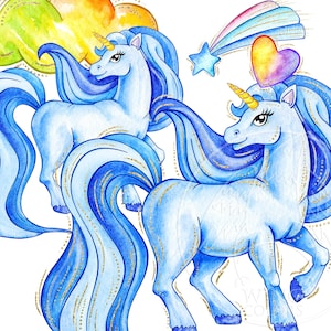 Watercolor Unicorn Clipart. Cute Fairy Horses, Rainbow, Heart, Star ...