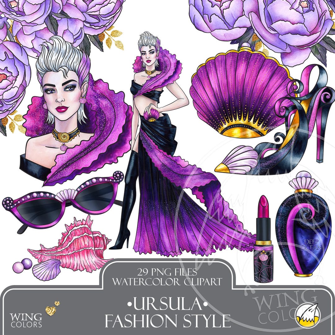 Ursula Fashion Style Watercolor Clipart: Hand-drawn Dark Mermaid ...