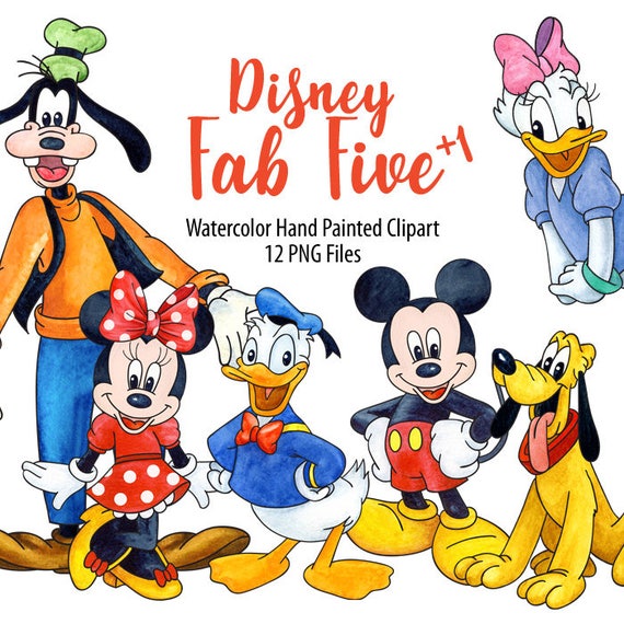Watercolor Disney Fab Five Clipart. Mickey Donald Minnie Goofy