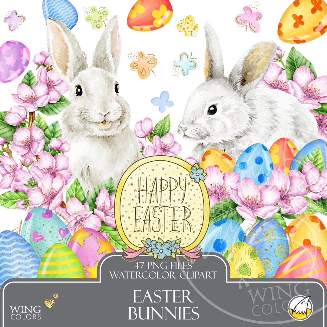 Watercolor Easter Bunny Clipart: Hand-painted Rabbit, Spring Flowers ...