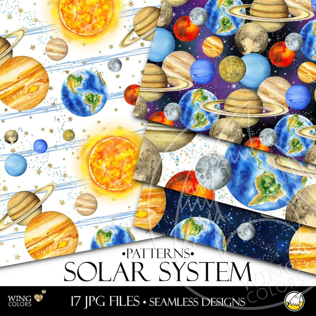 Watercolor Solar System Planets Seamless Patterns Clip Art. Mysterious ...
