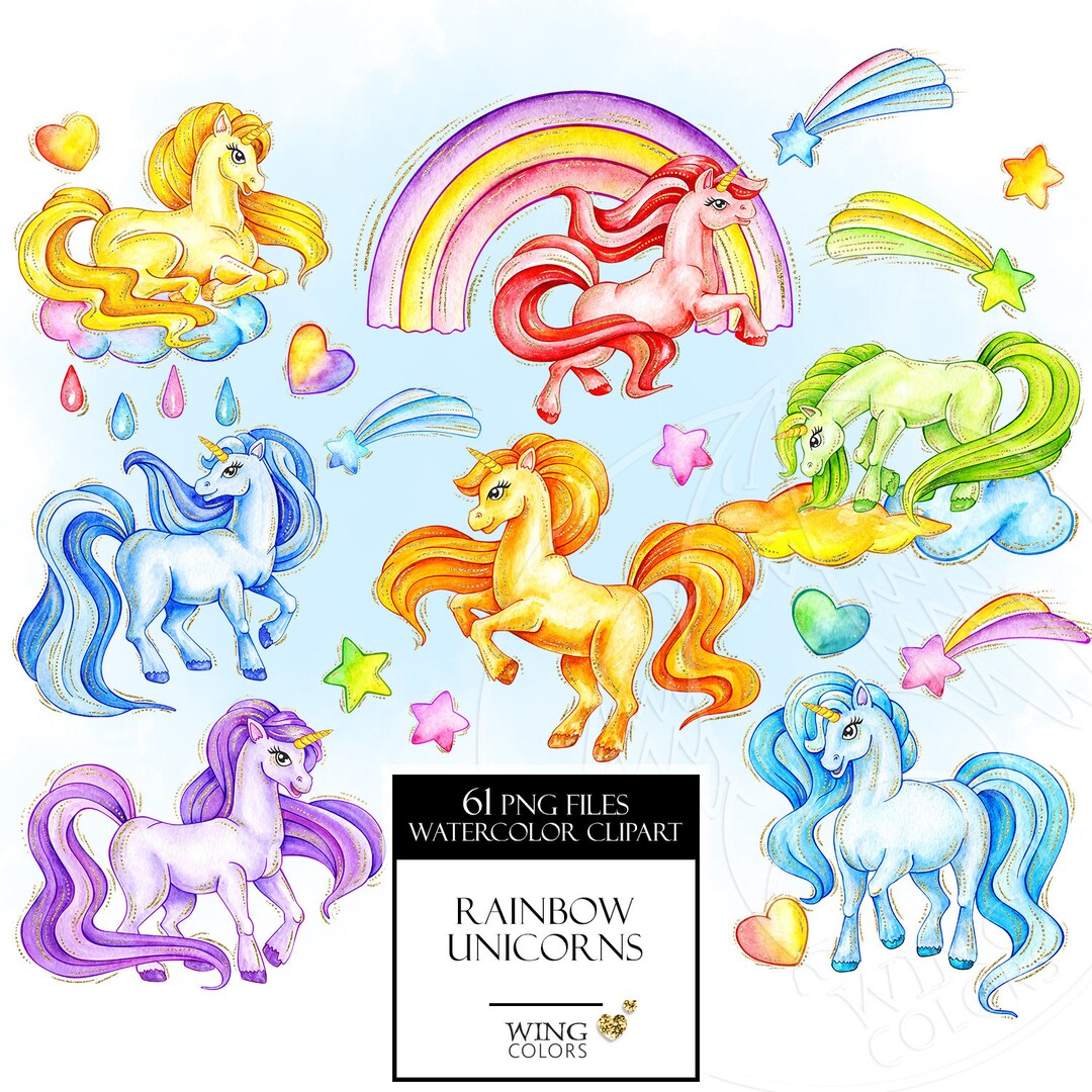 Watercolor Unicorn Clipart. Cute Fairy Horses, Rainbow, Heart, Star ...