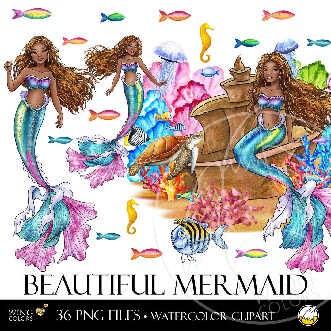 African American Little Mermaid Princess Watercolor Clip Art. Fairytale ...
