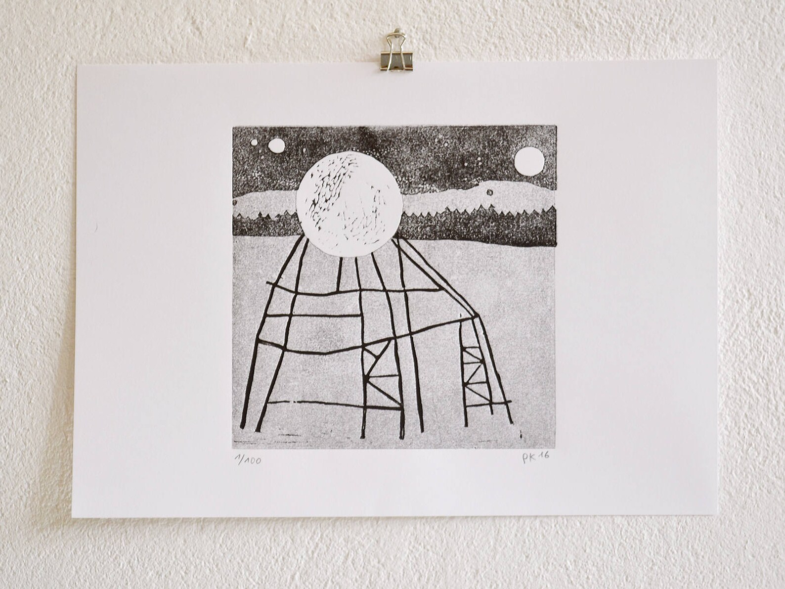 Moon construction original linocut Limited Edition DIN | Etsy