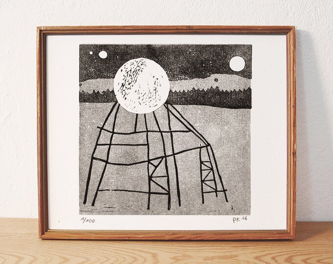 Moon Construction Original Linocut Limited Edition DIN - Etsy