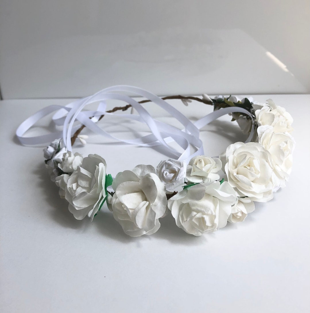 White Rose Crown, First Communion Crown, Flower Girl Headband, Bridal ...