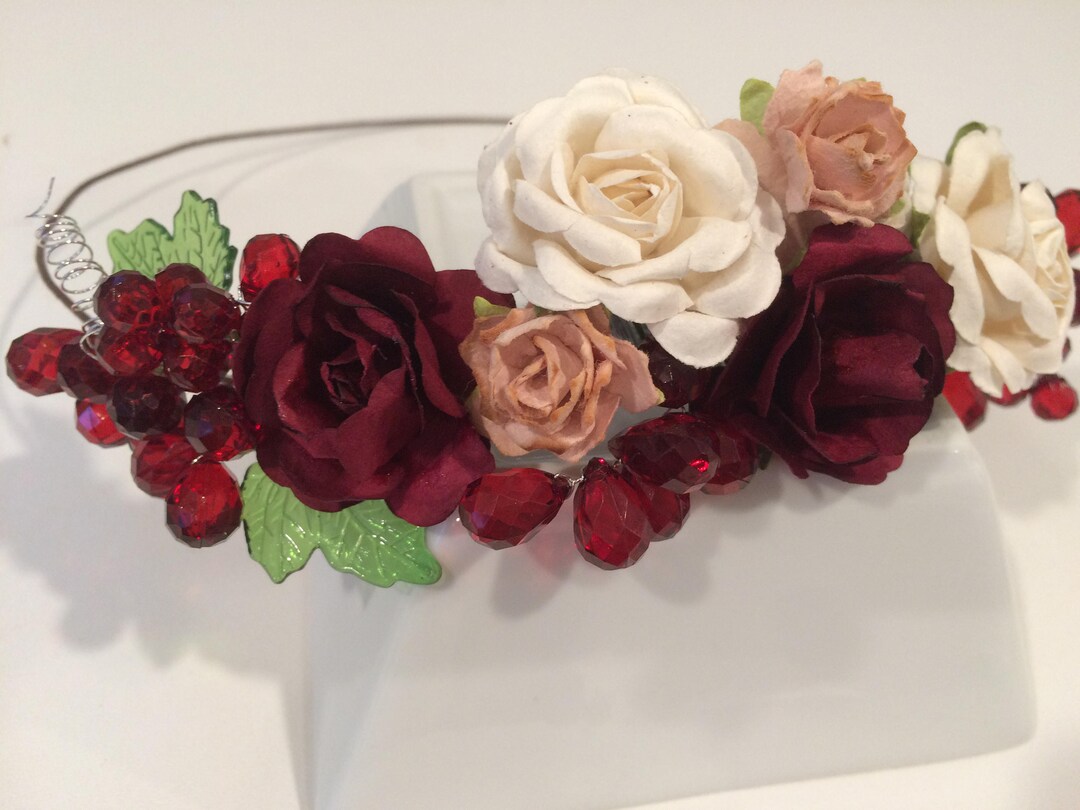 Burgundy Rose Wedding Crown: Ruby Bead Garland Hairpiece - Etsy