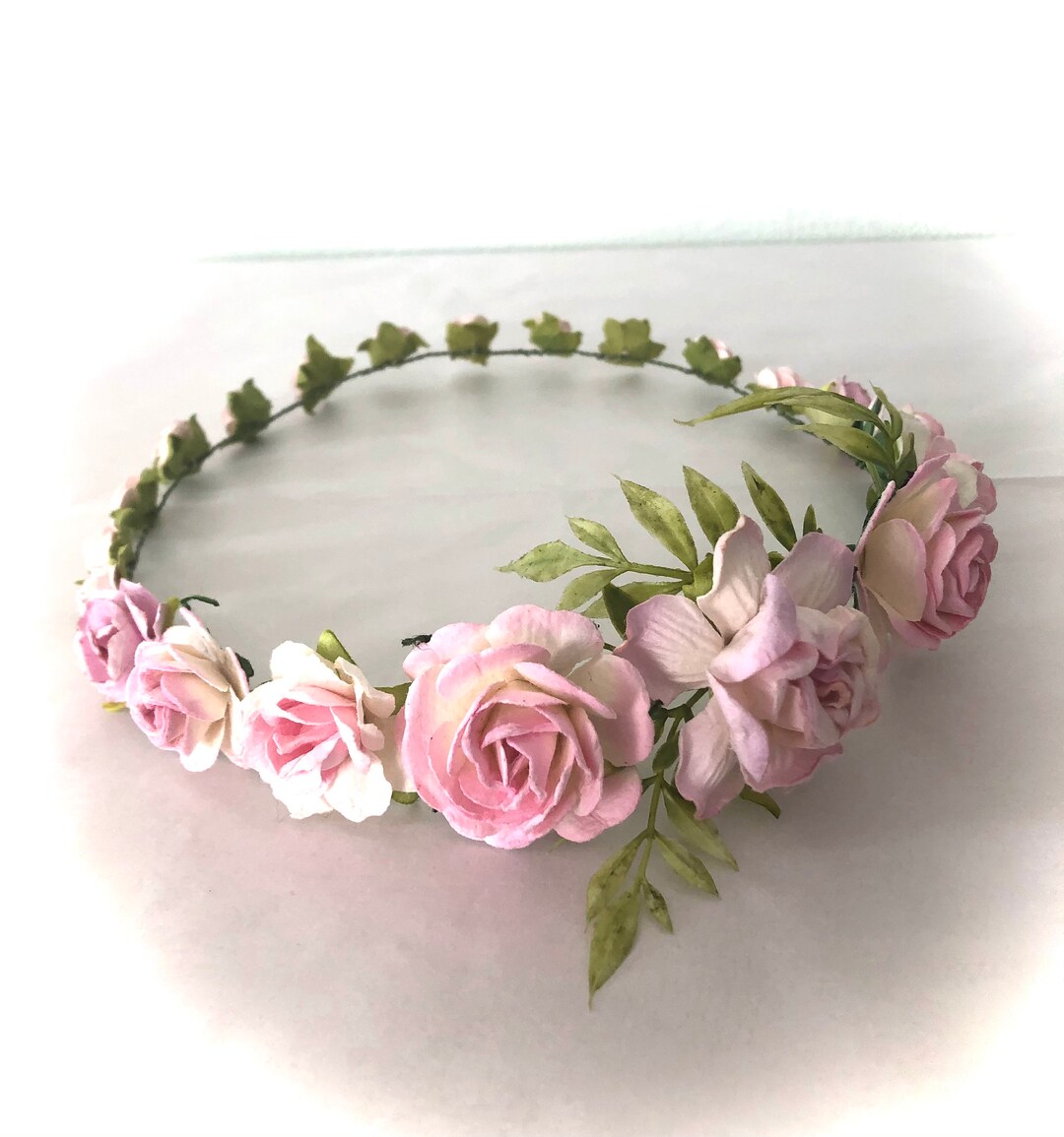 Pink Rose Crown, White Pink Tips Roses Tiara, Flower Girl Halo, Bridal ...