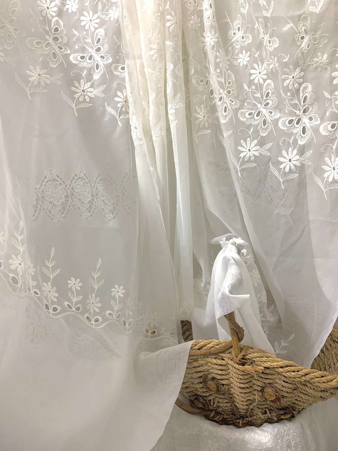 Vintage Window Panel Pair, Polyester Cutwork Embroidery , Flowers and ...