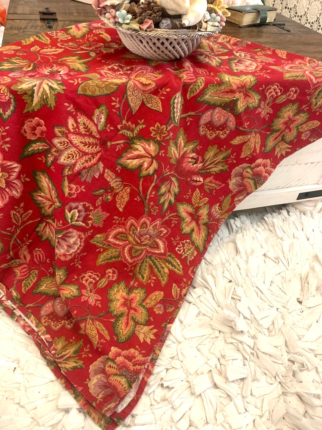 Vintage Jacobean Floral Red Tablecloth, Dining Linen, French Country ...