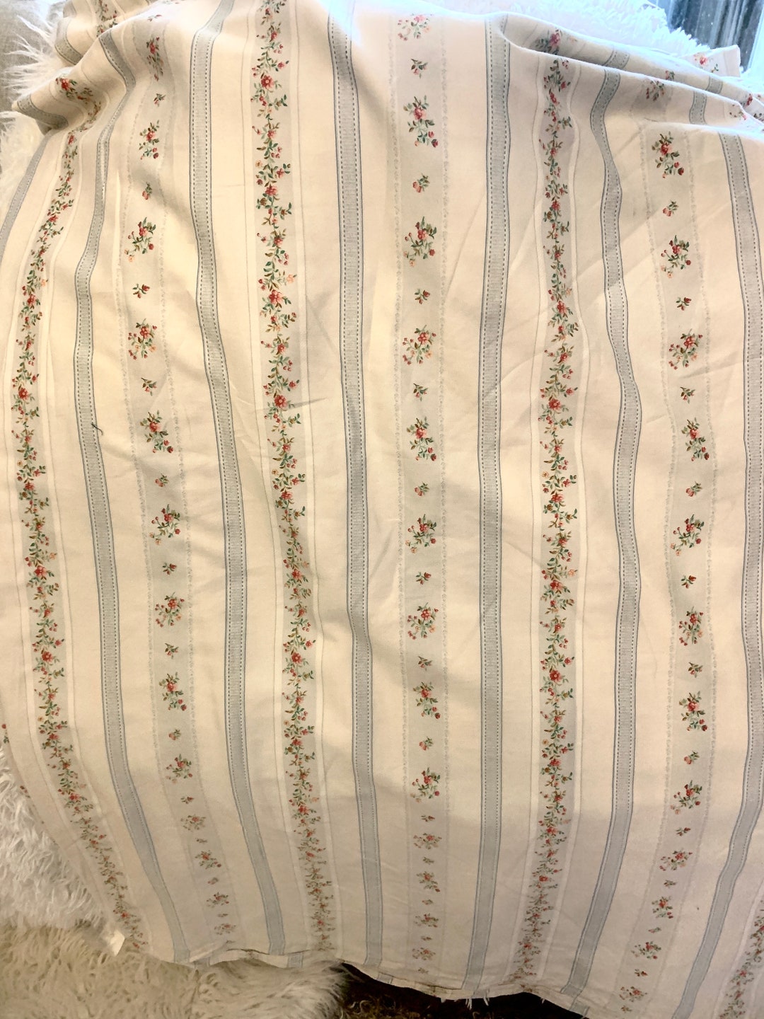 Vintage Ralph Lauren Julianne Blue Cream Roses and Stripes King Flat ...