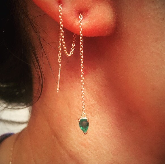 14k Rose Gold Emerald Threader Earring Gold Earchain Green - Etsy