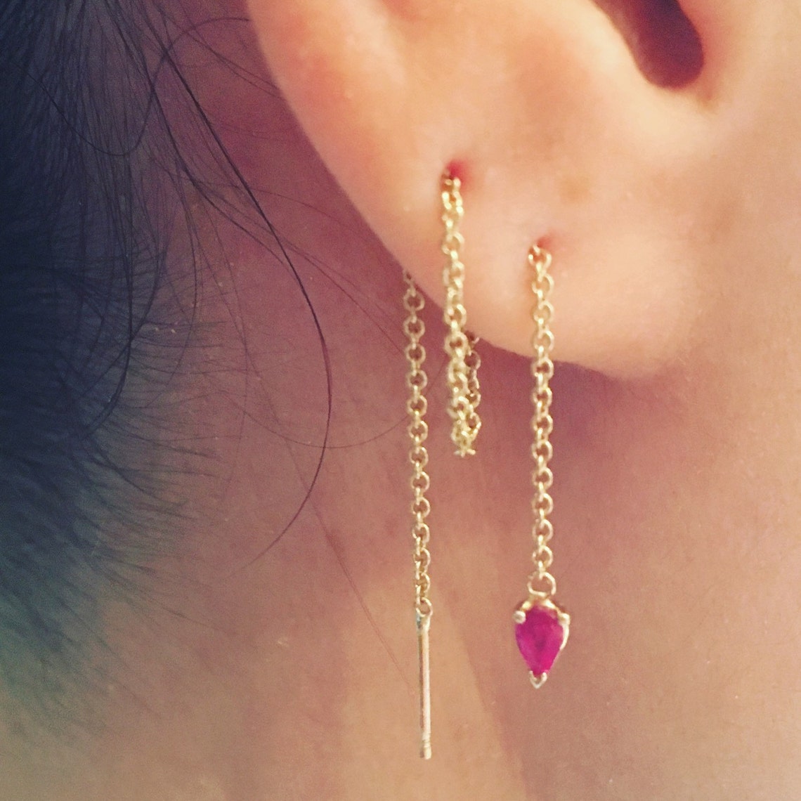 14k Yellow Gold Ruby Threader Earring, Gold Earchain, Ruby Earring, Threader Earring - Etsy