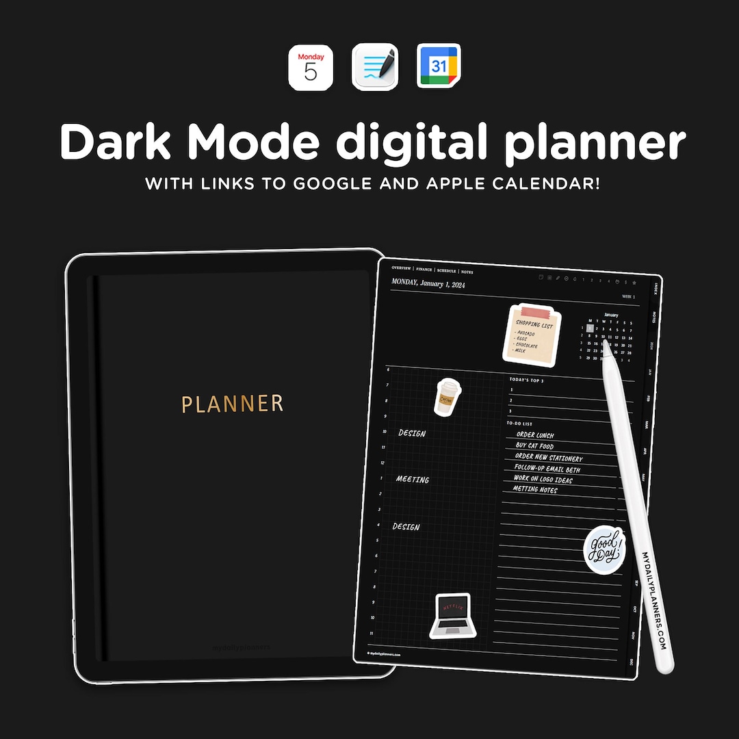 2025 Dark Mode Digital Planner for Goodnotes, Monday and Sunday Week ...