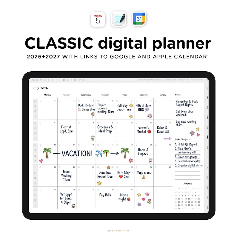 2026 - 2027 Simple Digital Planner With Calendar Integration, for Ipads ...