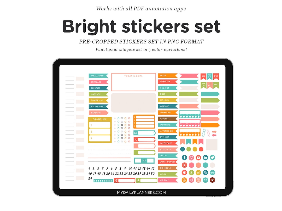 Digital Stickers for Digital Planning | Bright Stickers Set Pre Cropped ...