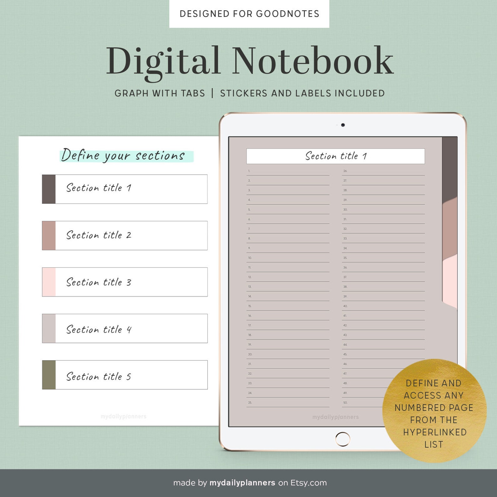 Digital Notebook Tab Template Goodnotes Hyperlinked Study | Etsy