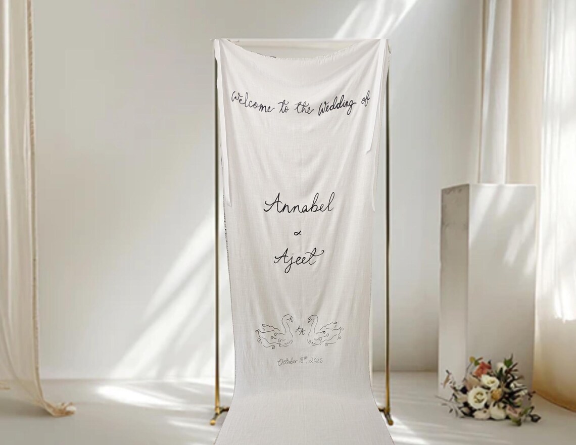 Hand Painted Linen Wedding Welcome Sign: Customizable Fabric, Frayed ...