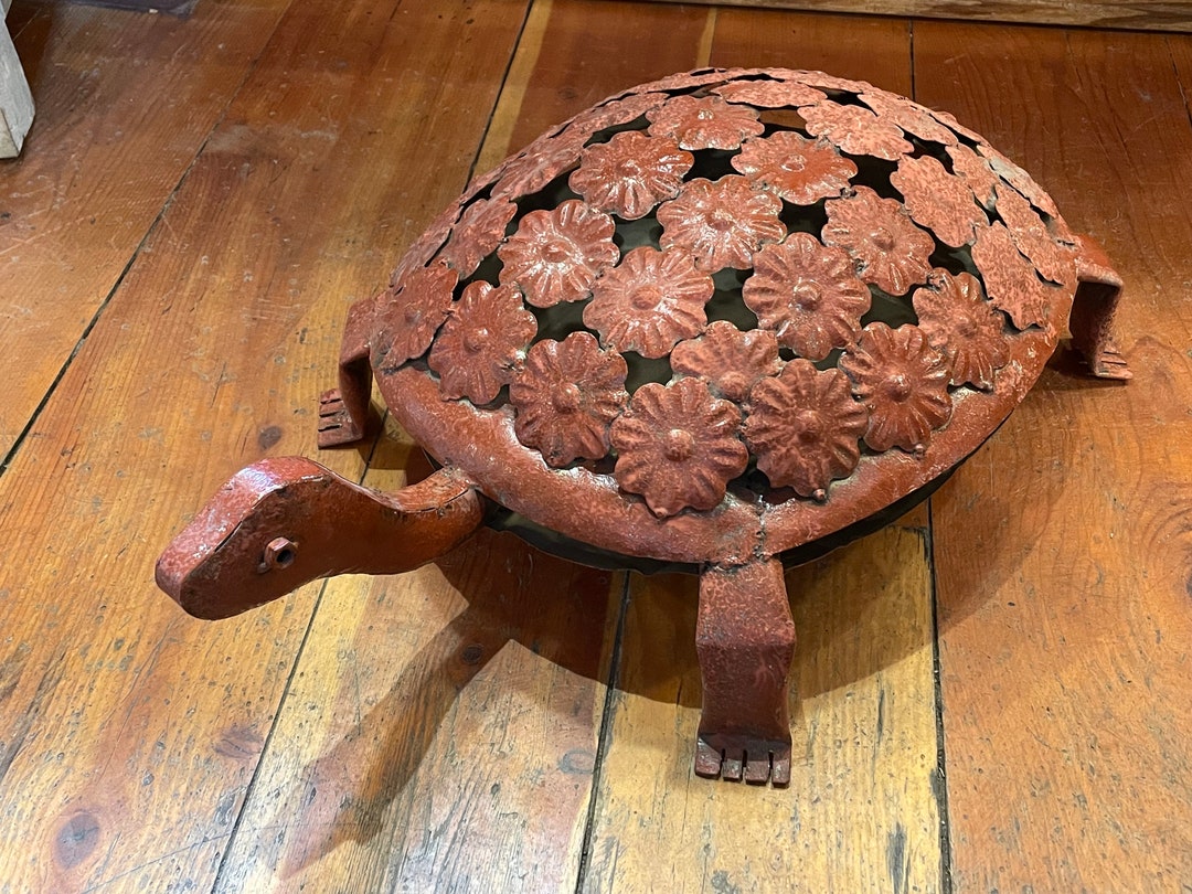 Authentic Handmade Cutout, Shaped & Welded Metal Turtle With Flowers ...