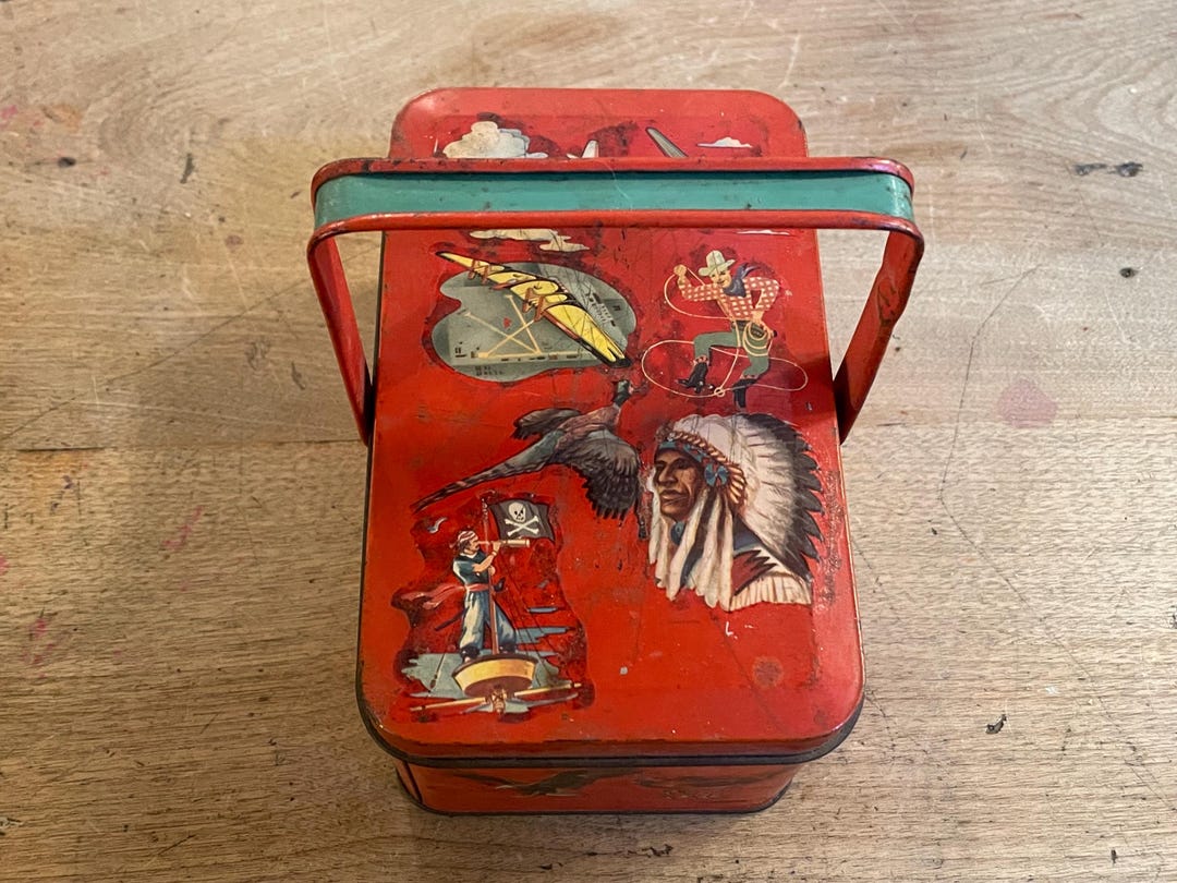 Vintage 1950's Small Red Kid's Lunch Box With Handle - Loaded With ...
