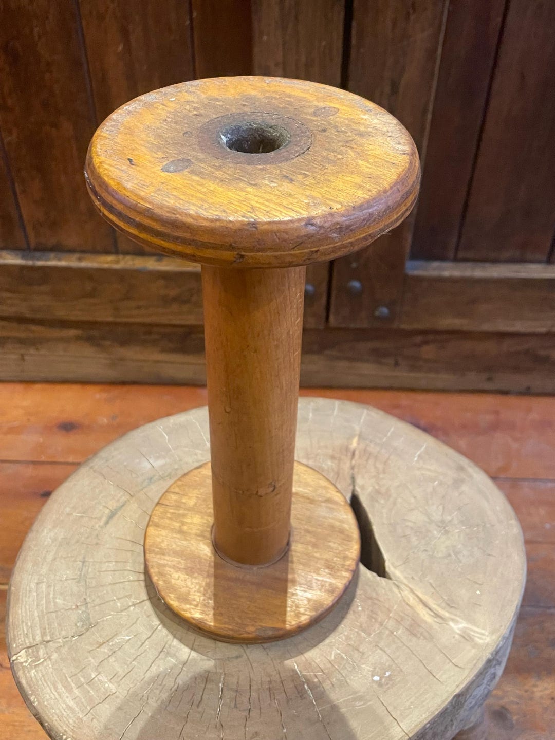 Authentic Antique Large Pine Wood & Metal Yarn Bobbin/spool Candlestick ...