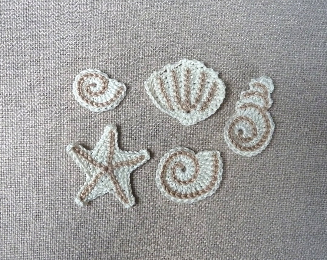 Shell Set of 5 Crochet Applique, Crocheted Shells, Maritime Appliqués ...