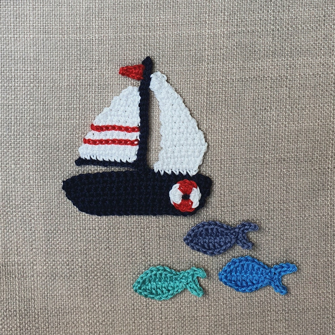 Sailboat Crochet Applique, Crocheted Ship Applique, Maritime Patch With ...